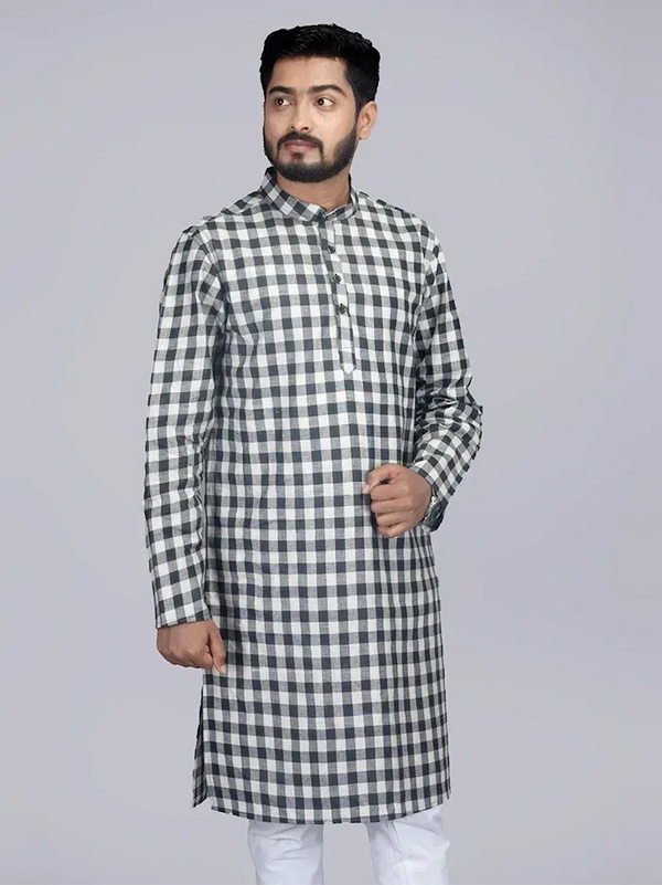 Black White Box Checks Organic Cotton Men Kurta- WeaversIndia